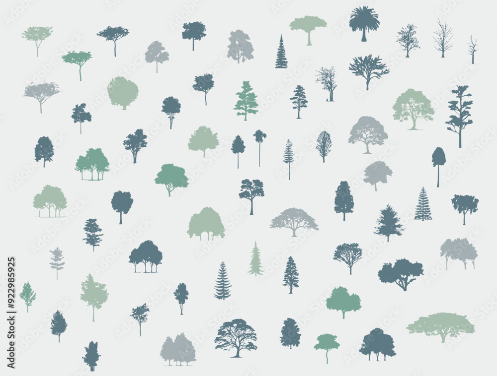 Minimal style cad tree line drawing, Side view, set of graphics trees ...