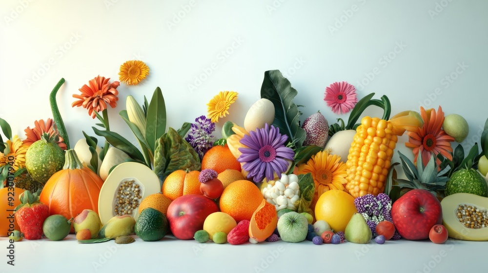 Vivid 3D composition of vibrant fruits and vegetables with colorful ...