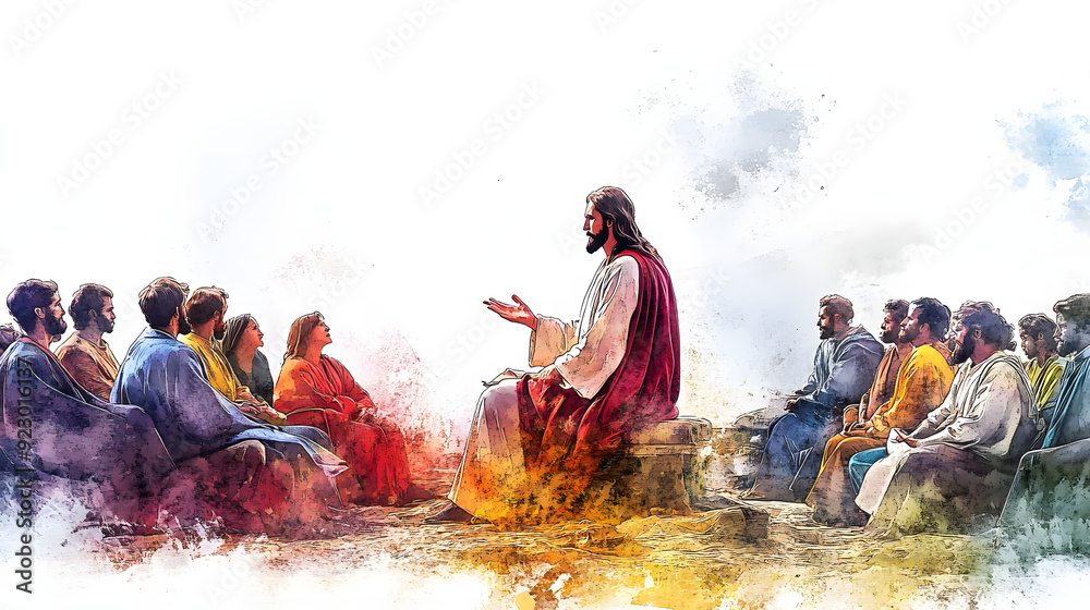 Jesus preaching the Sermon on the Mount depicted in a digital ...