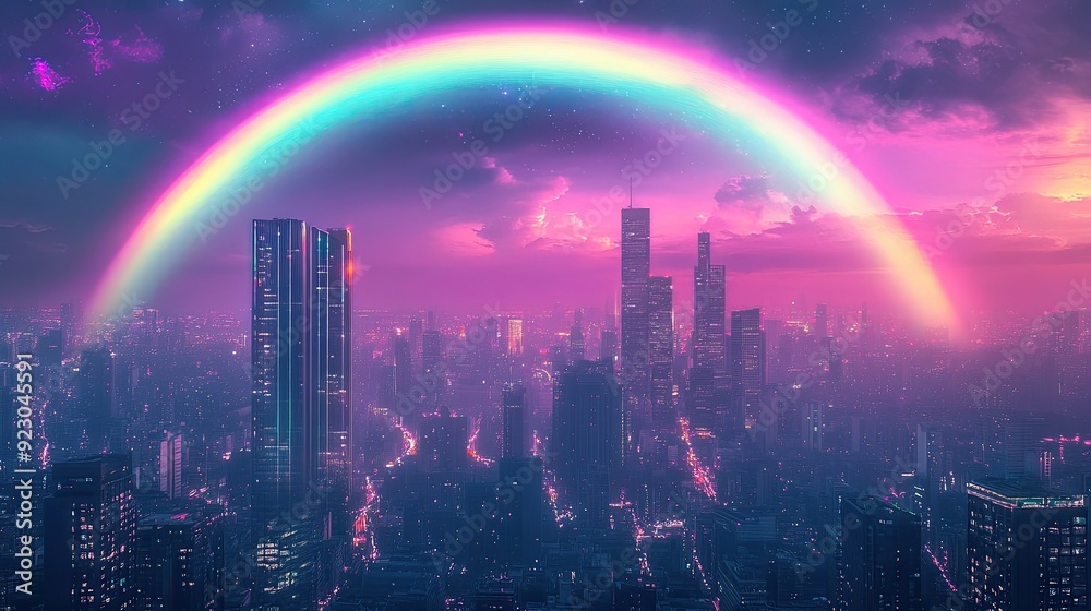 80s synthwave cityscape with neon brilliance and a colorful rainbow ...