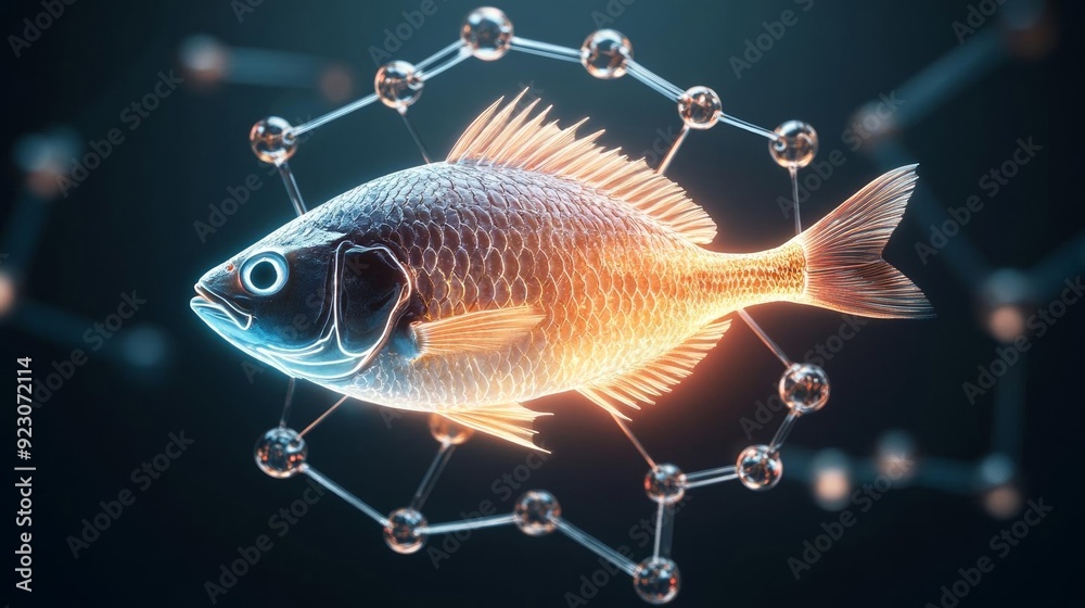 Illuminated fish surrounded by molecular chains symbolizing omega-3 ...