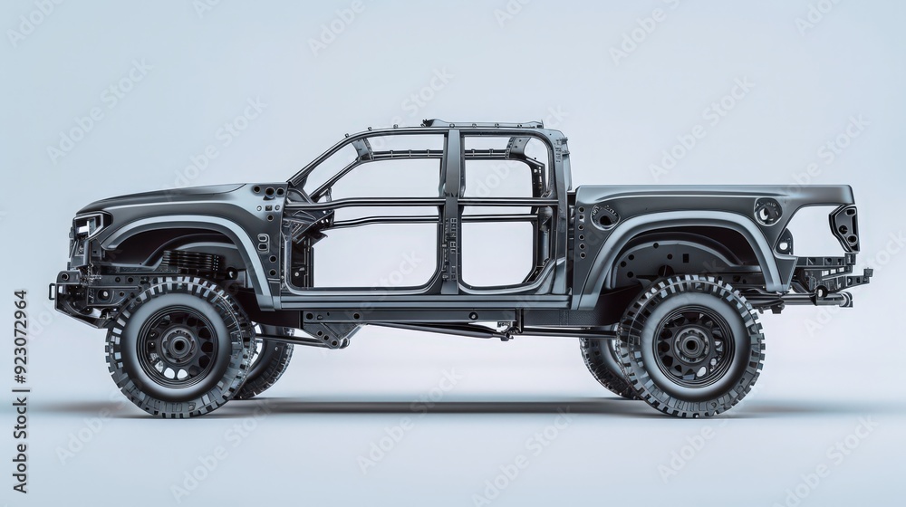 Showcase the strong frame and chassis of a pickup truck, built to ...