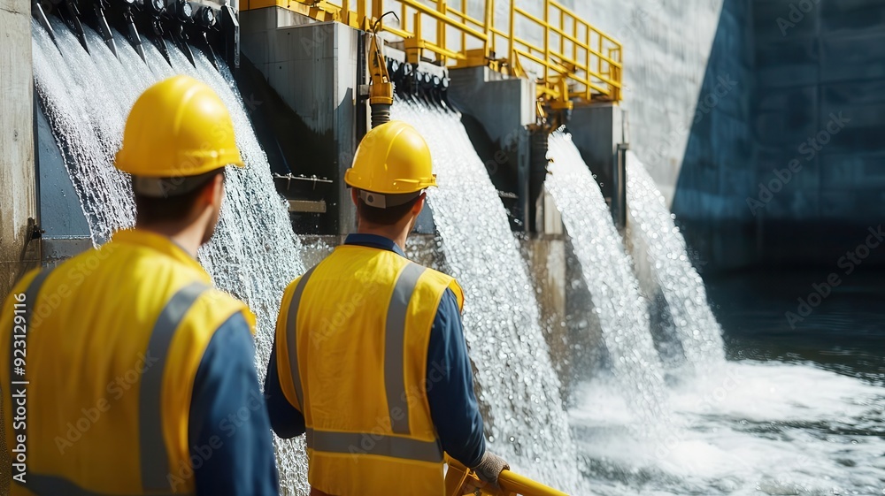 Engineers installing a new water intake system at a hydropower facility ...