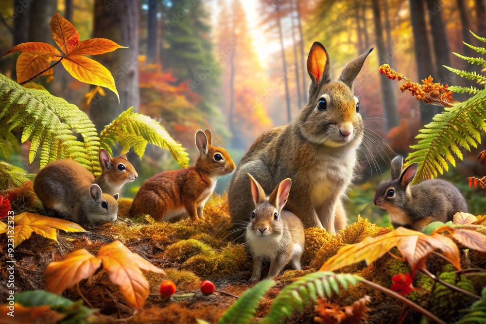 Various wild forest creatures, including squirrels, rabbits, and birds ...
