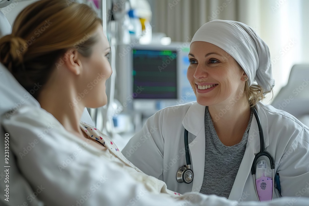 Hospital oncologist consulting with a patient undergoing chemotherapy ...