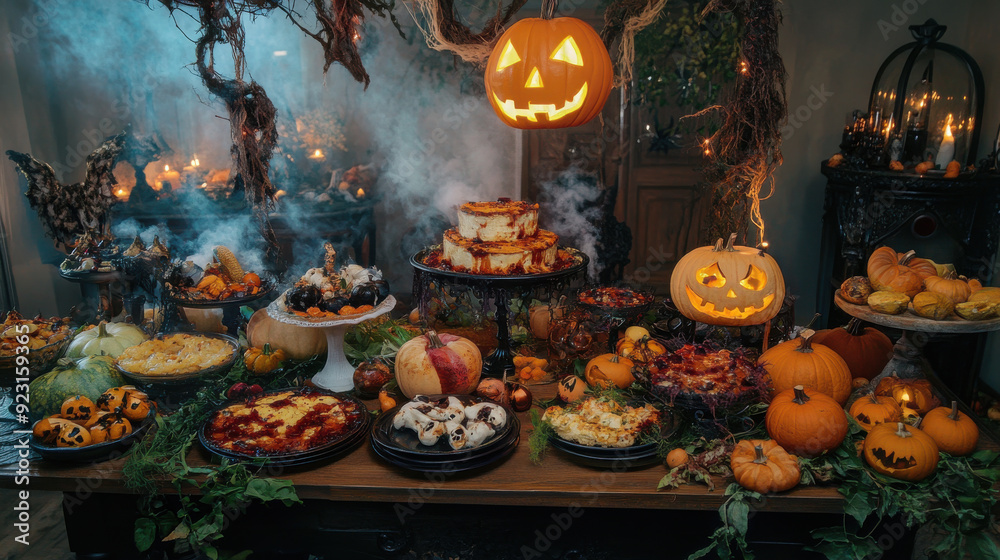 Russian Halloween party with eerie decorations and themed food. Stock ...