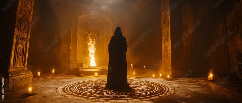 Mystical ritual of enlightenment taking place in a dimly lit ancient ...