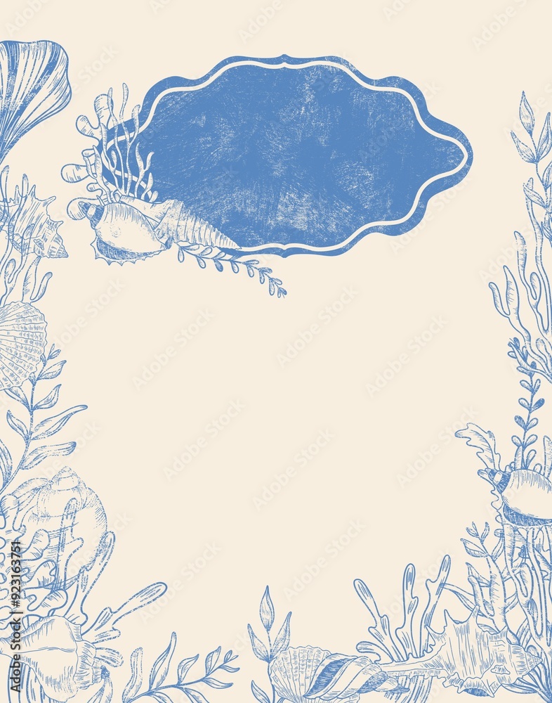 Retro invitation card, French Blue Toile invitation, undersea card Stock Illustration | Adobe Stock