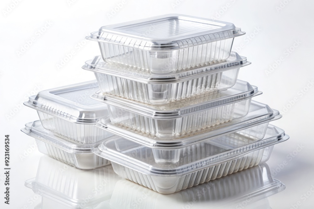 Empty clear plastic clamshell containers stacked on a white background ...