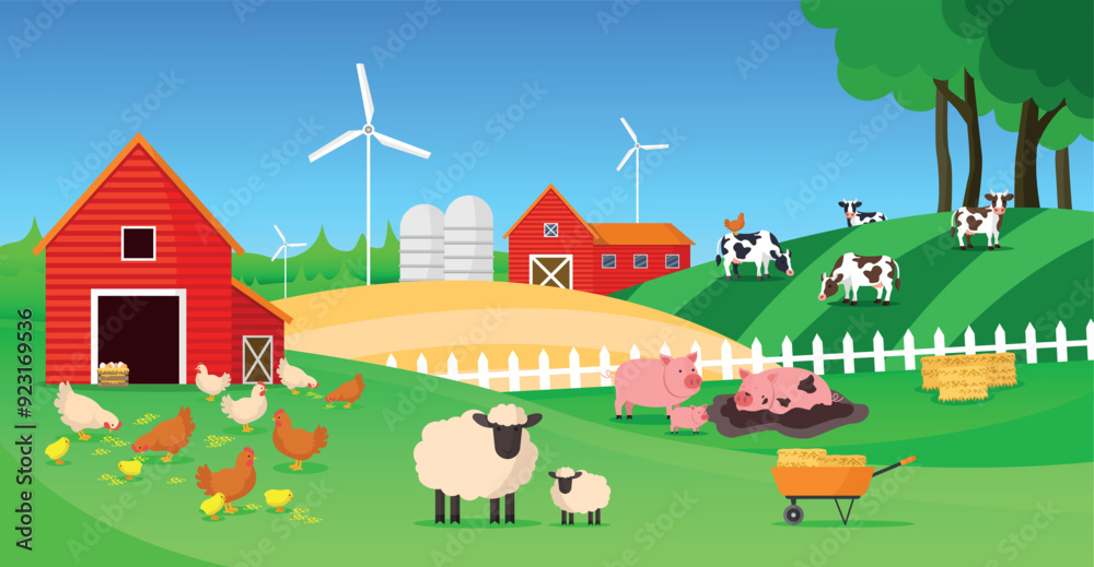 Farm animals vector illustration. Cartoon farm landscape with cows ...