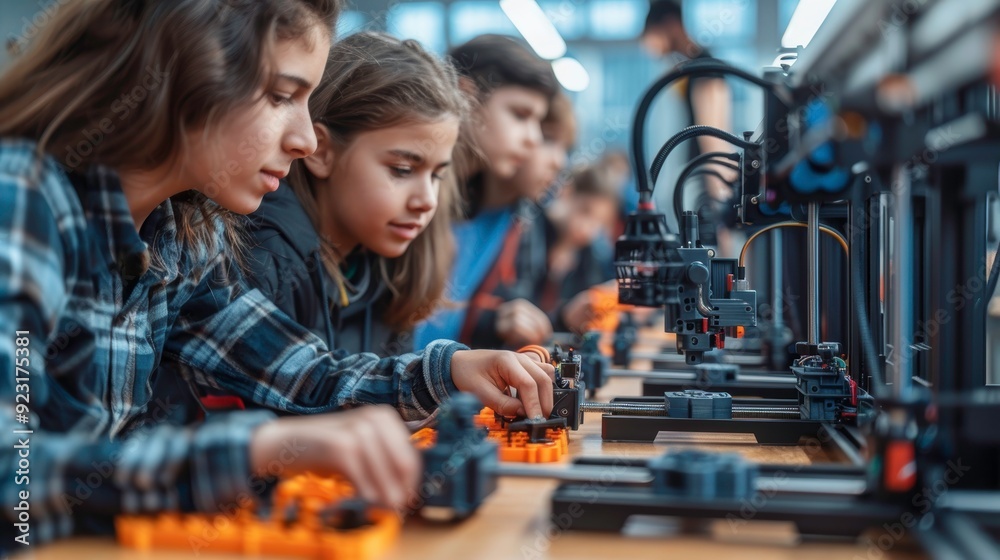 Children focused on 3D printing, learning STEM skills in a classroom ...