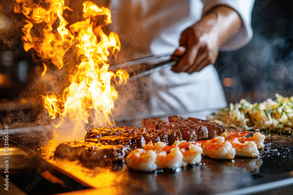 Chef Cooking on a Hibachi Grill with Flames Stock Photo | Adobe Stock