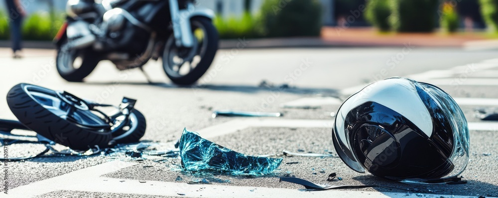 A motorcycle accident scene with shattered glass and a helmet on the ...