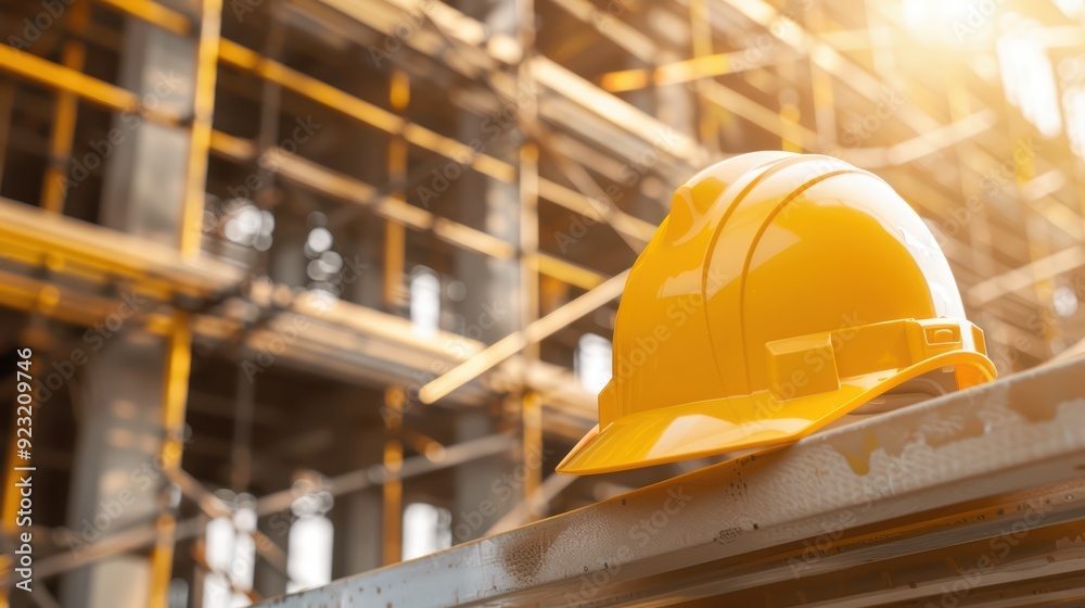 Yellow Construction Hard Hat on Metal Beam with Scaffolding and ...