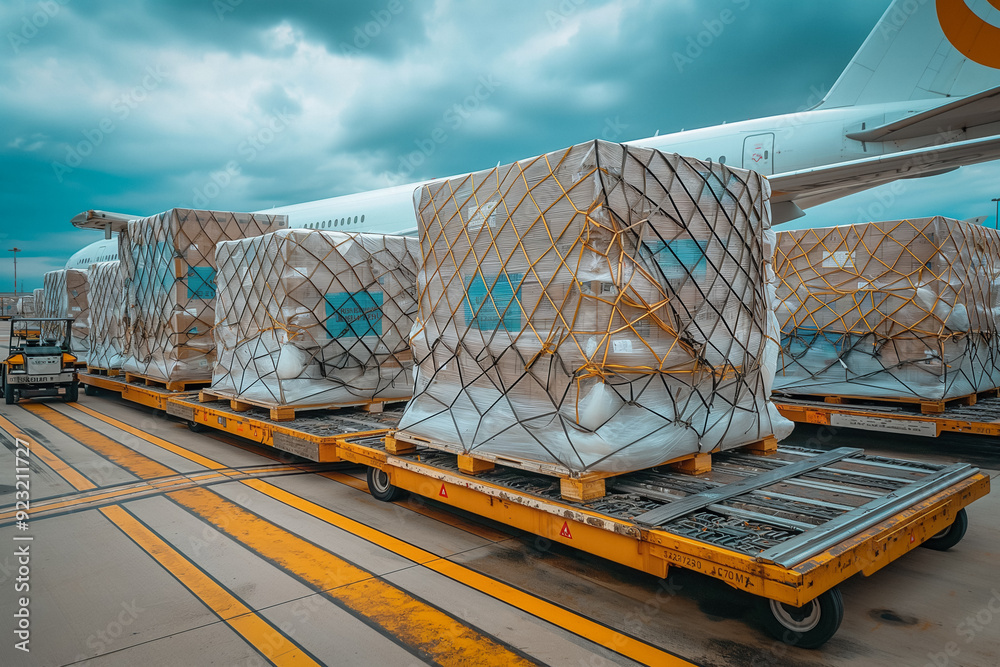 Air cargo containers being loaded onto an airplane. Preparing shipments ...