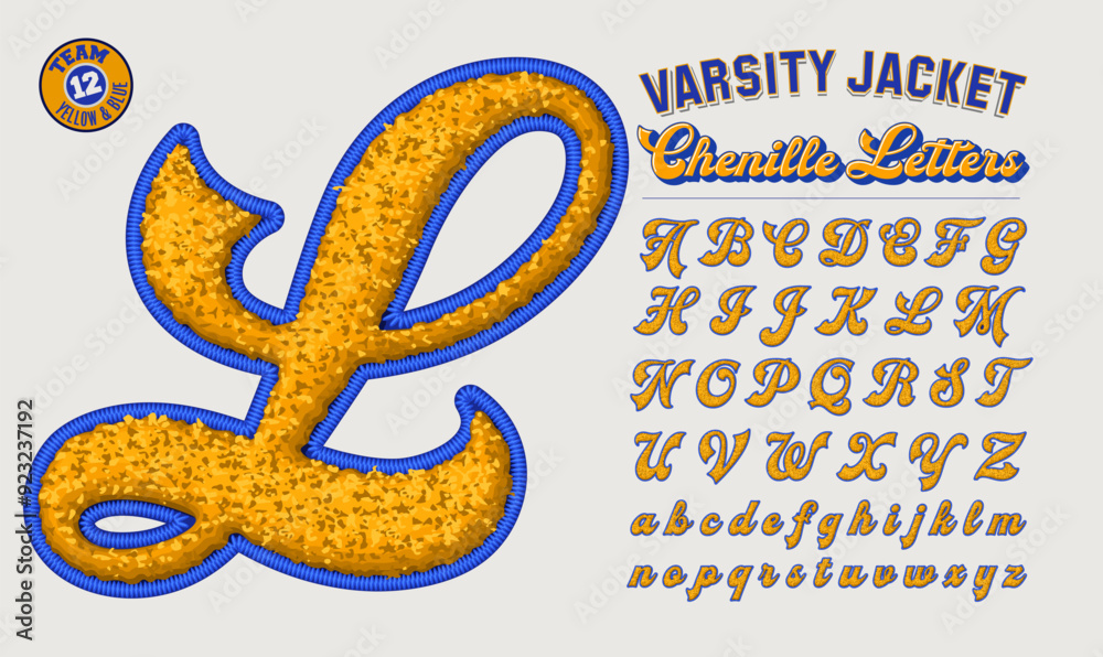 A collection of chenille fabric letterman jacket style letters in blue ...