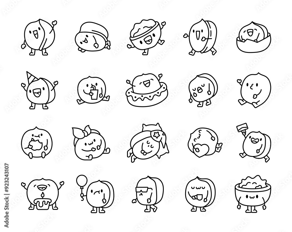 Cute kawaii walnut. Coloring Page. Lucky cartoon character. Hand drawn ...