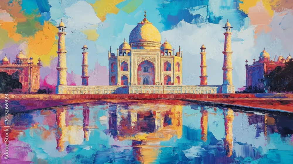 Abstract, colorful painting of the majestic Taj Mahal in India, with a ...