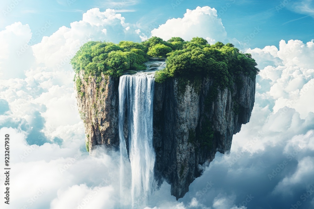 Surrealistic image of a floating island with waterfalls cascading into ...