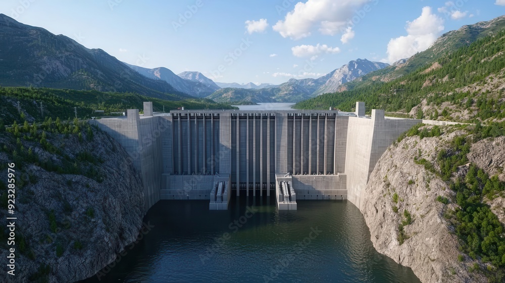 Aerial view of a massive hydropower dam with reinforced concrete ...