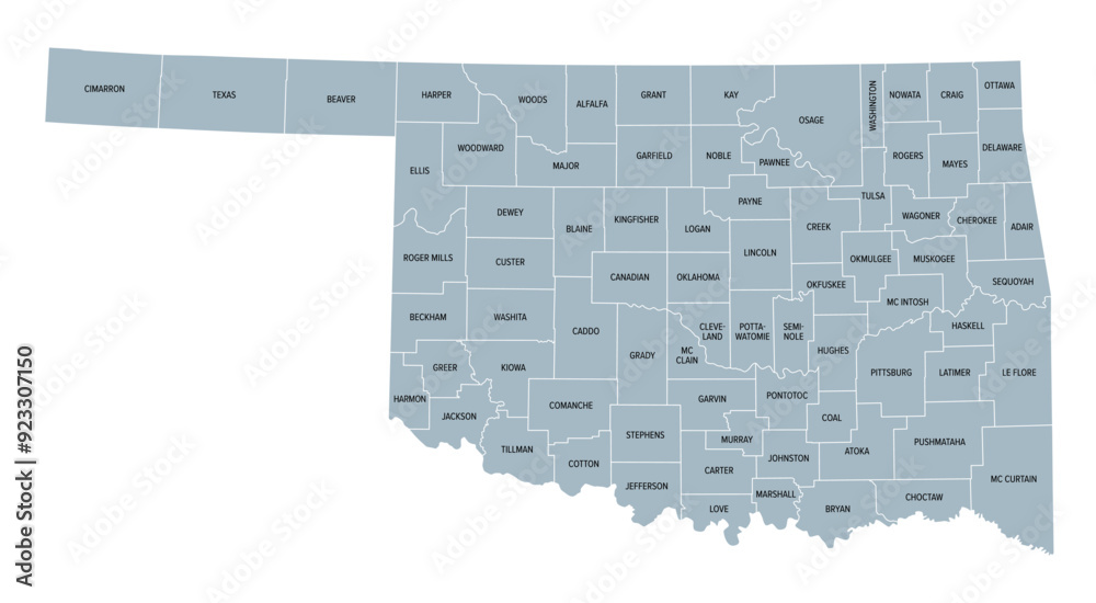 Oklahoma, U.S. state, gray political map with borders and county names ...