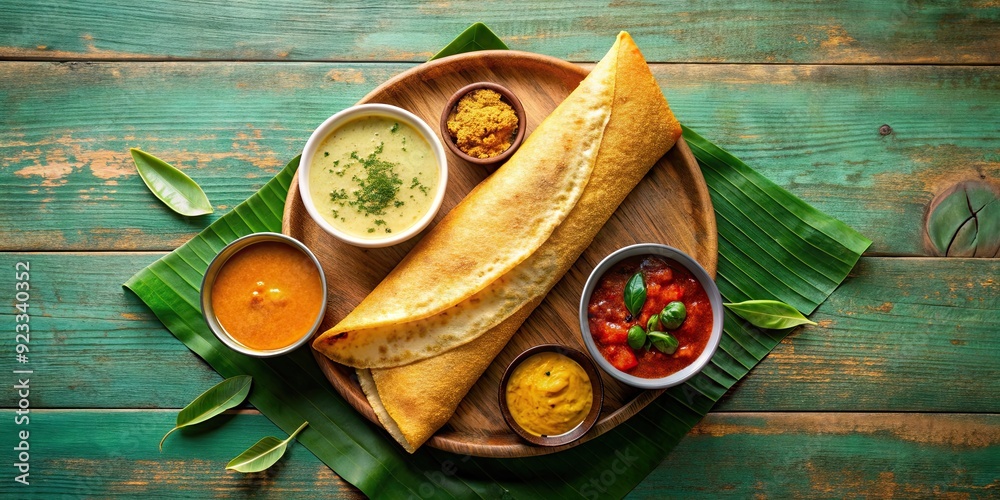 Top view of delicious South Indian dosa served with chutney and sambar ...