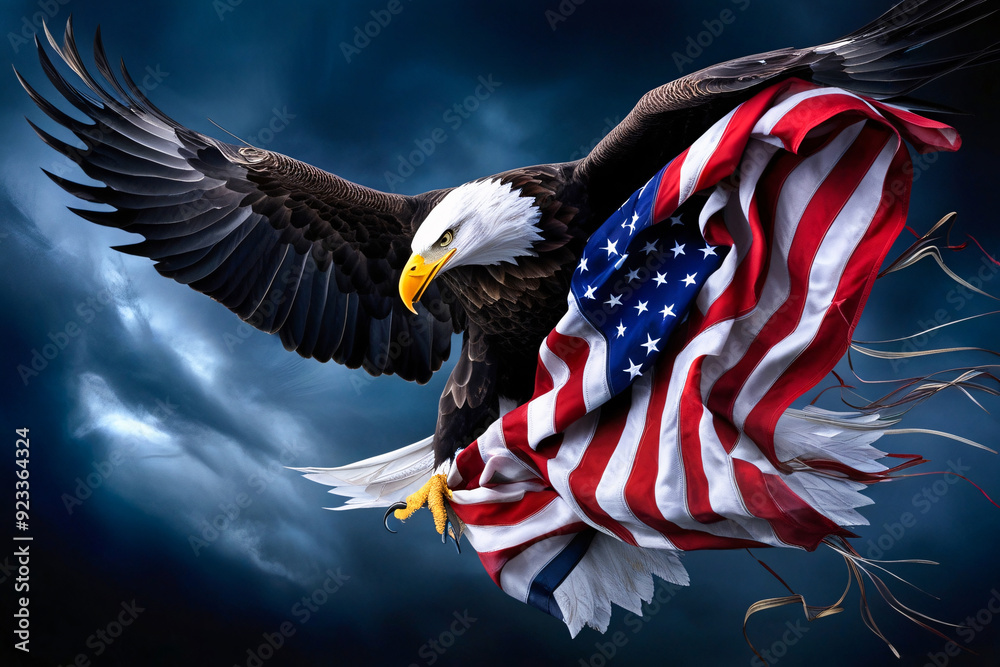 Bald eagle flying and holding american flag for 4th of july ...