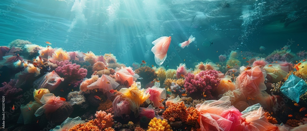 Underwater scene: plastic debris covers coral reef, hindering fish ...