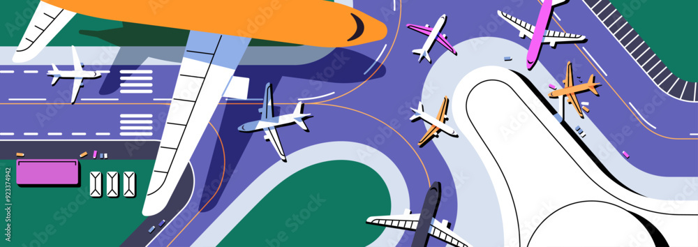 Runway strip with aircrafts top view. Plane flying above airport ...