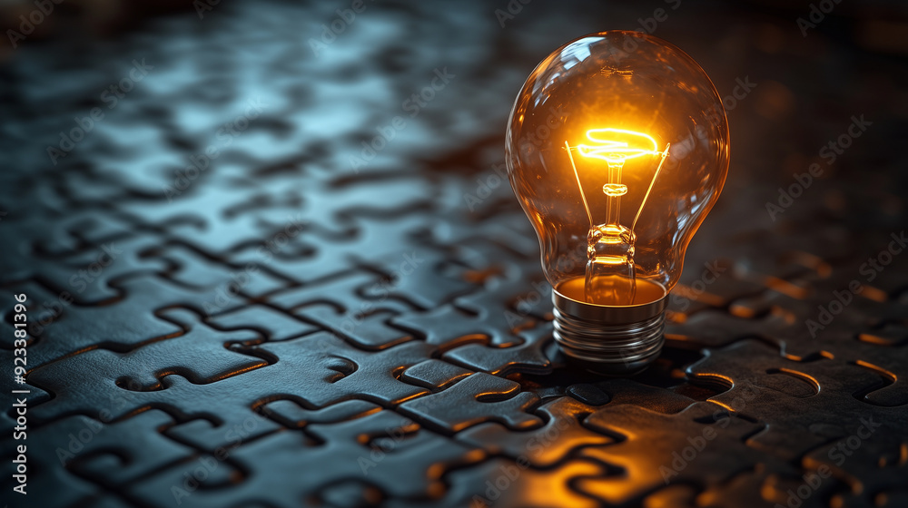 A jigsaw puzzle with a light bulb piece being placed, representing the ...