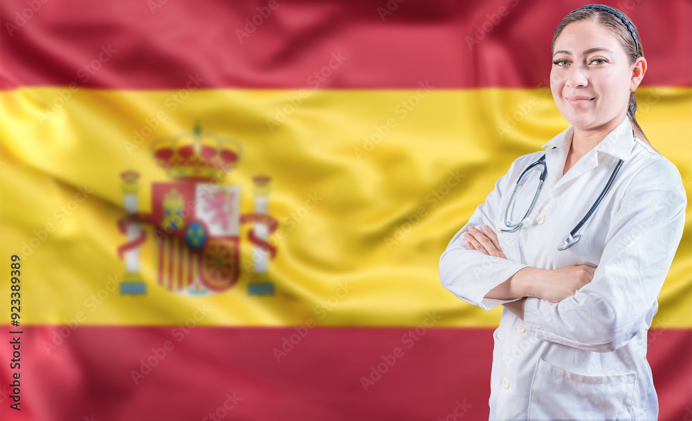 Spanish Health and Care concept. Portrait of female doctor on Spain ...