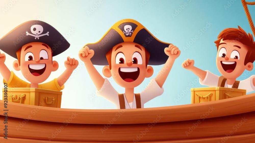Three animated pirate characters celebrate on a wooden ship, expressing ...