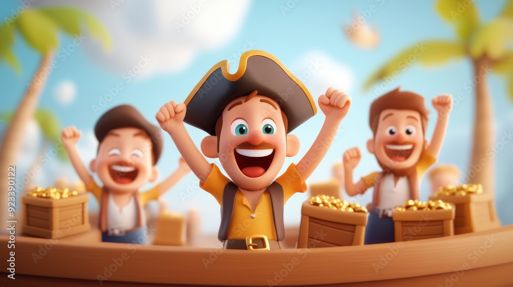 Animated pirate characters celebrate their gold treasure chests on a ...
