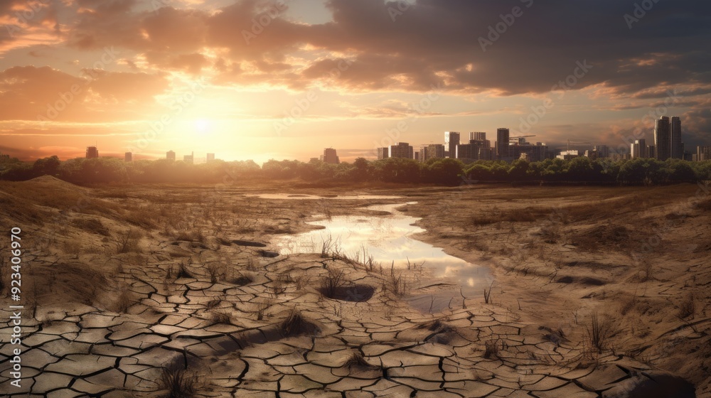Dried lake and river on summer. Water crisis and climate change. Neural ...