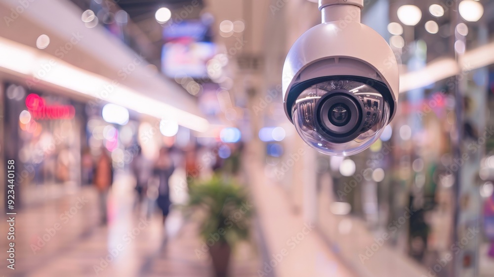 A security surveillance camera is mounted on the ceiling inside a ...