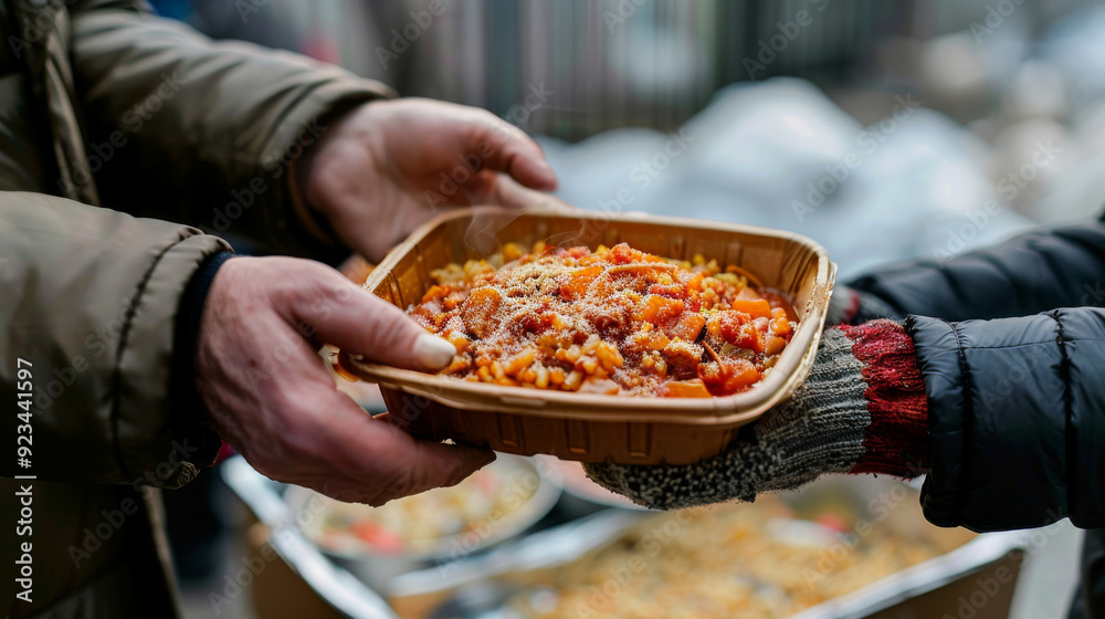 Volunteer hands giving to poor old homeless person hot food. Food for ...