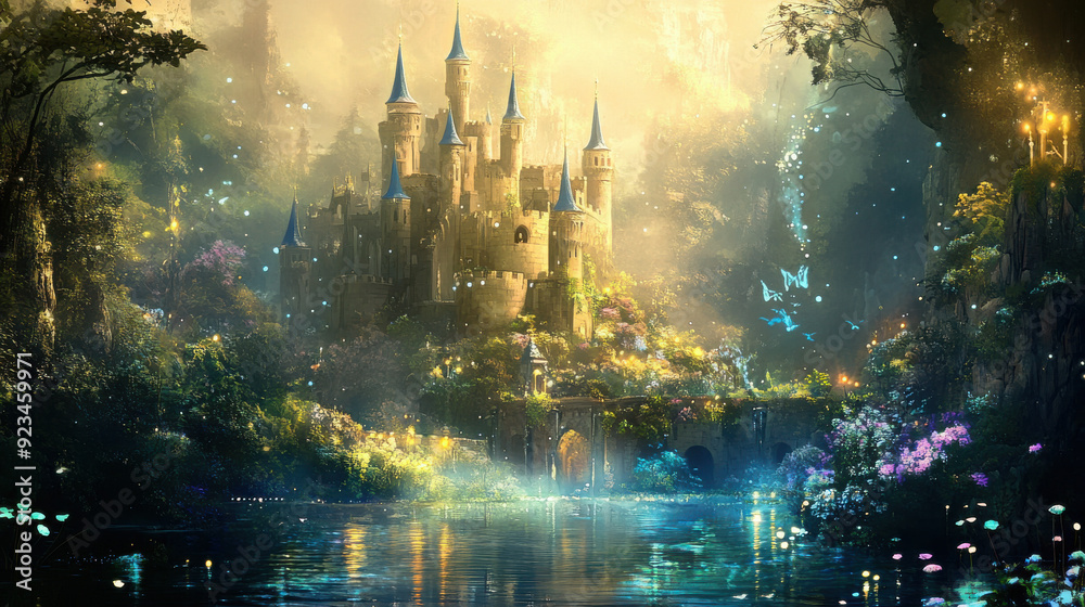 Enchanting fairy castle design, featuring a fusion of artistic styles ...