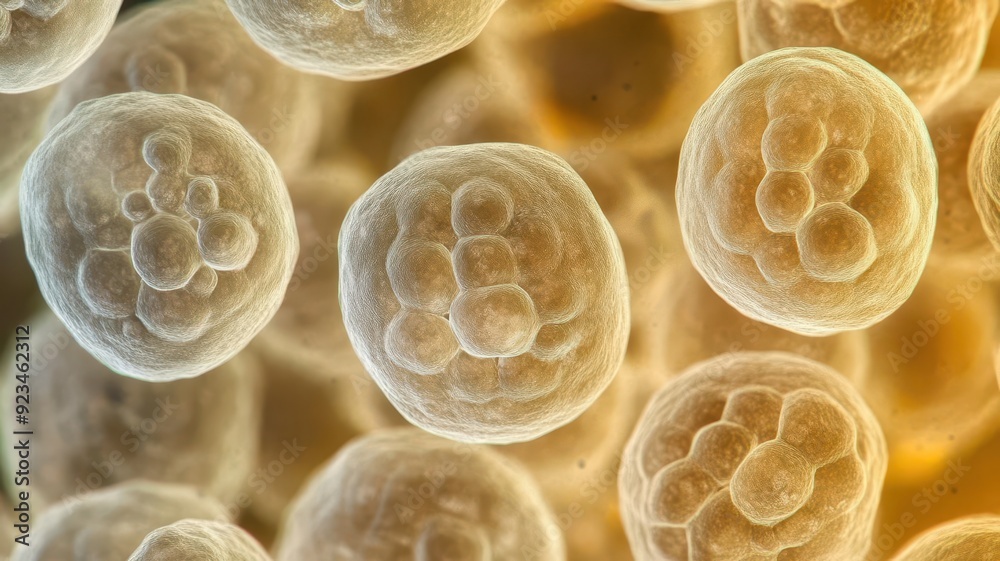 Microscopic view of fat cells, showcasing their rounded shapes and ...