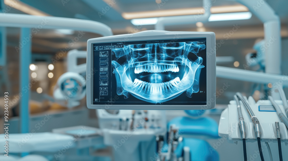 A dental office with a monitor displaying a dental X-ray image of a ...