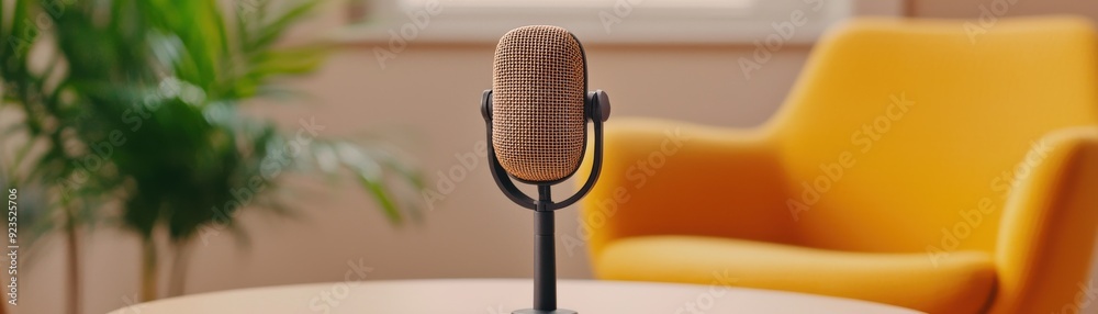 Elegant microphone on a simple table, ready for recording in a cozy ...