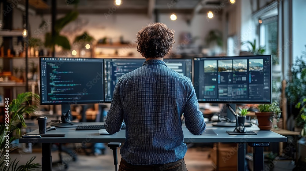 Person working at a standing desk with multiple monitors, showcasing an ...