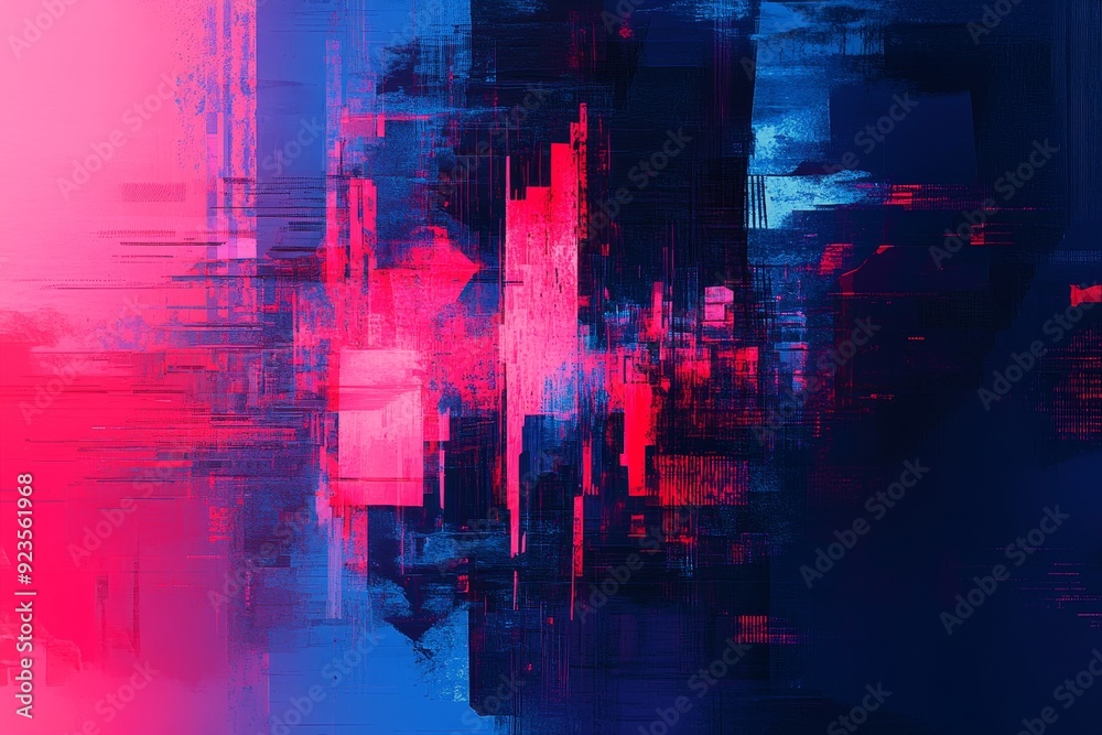 TV screen with a red and blue background and a digital glitch effect ...