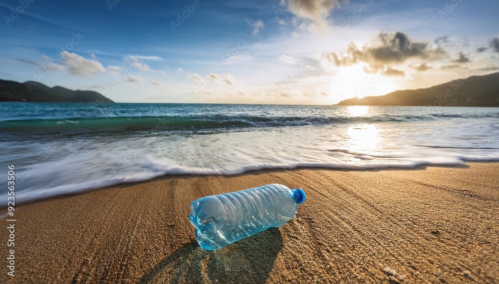 Plastic Pollution on Pristine Shore A discarded plastic bottle mars the ...