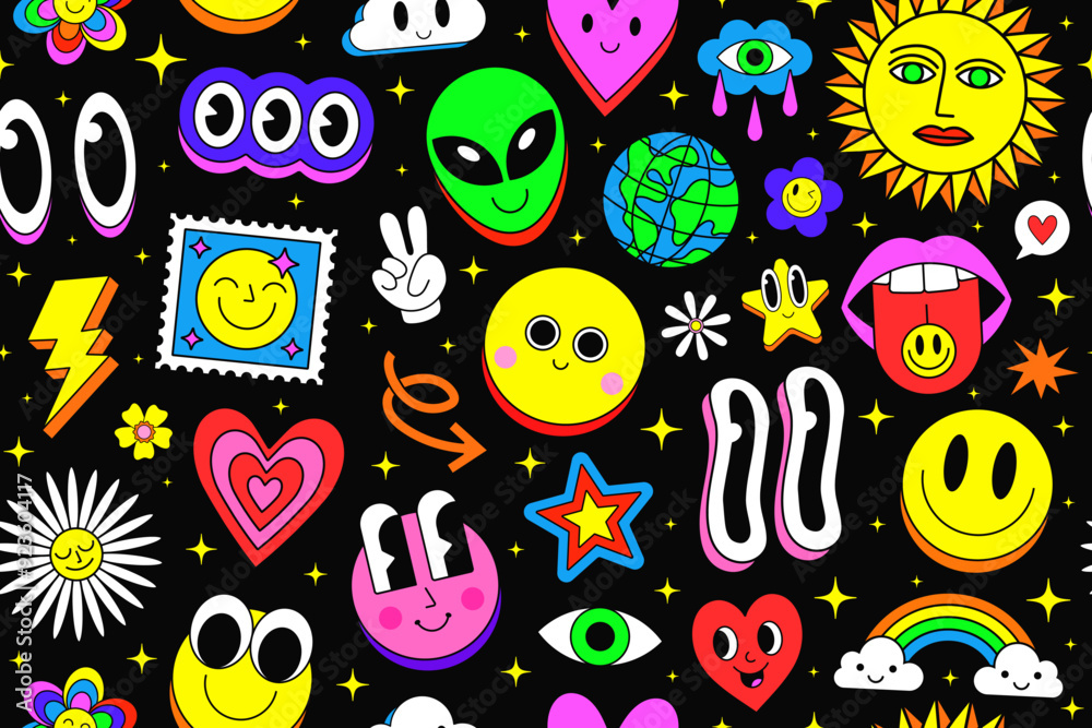 Cool Y2k Cute Seamless Pattern Stickers Collage. Cartoon Style Comic ...