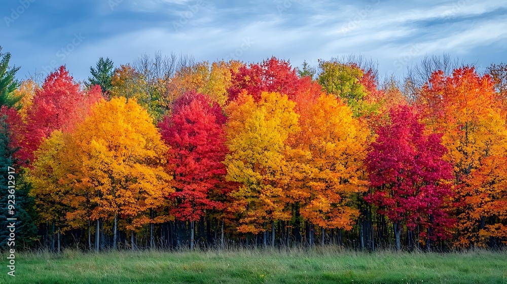 A stunning autumn view with trees in full fall foliage, vibrant colors ...