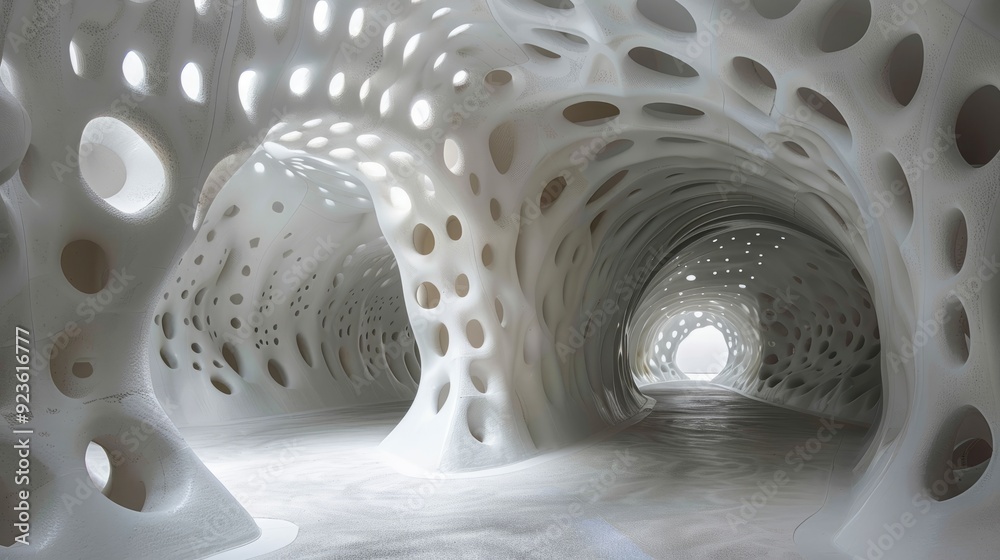 Unique architectural space with organic forms and light holes in a ...