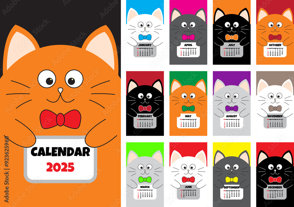 Cat vertical monthly calendar 2025 year with cover. All month. Cute ...