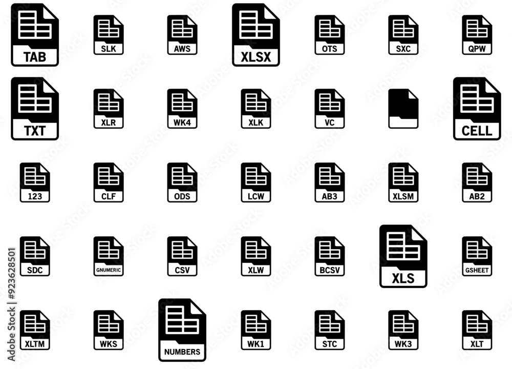 Mega Set Of Vector Spreadsheets File Format Isolated Silhouette Solid Icons With Format ...