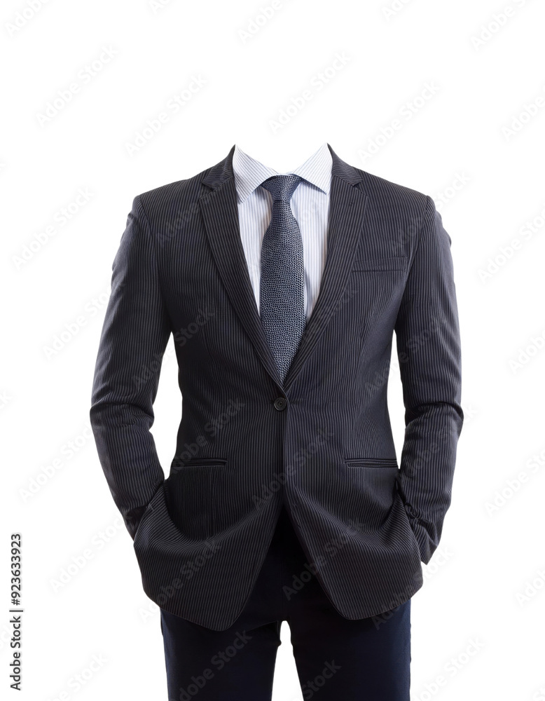 A headless man in a business suit cut out transparent isolated on white ...