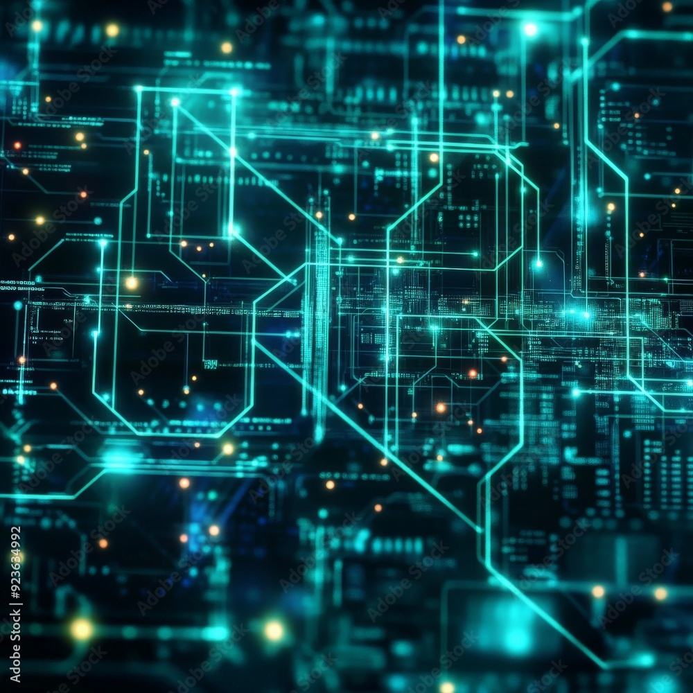 Futuristic digital interface background featuring glowing blue circuit patterns and data flow in ...
